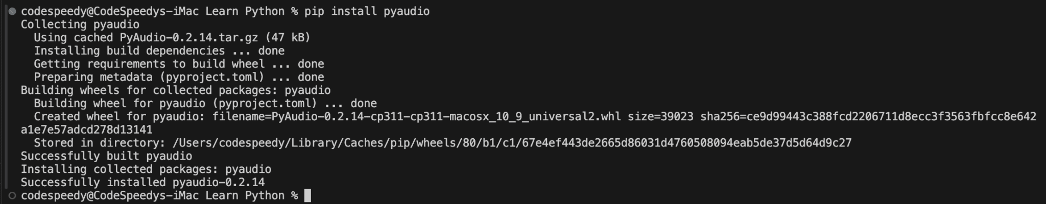 Fixed: ERROR: Could not build wheels for pyaudio, which is required to install pyproject.toml ...